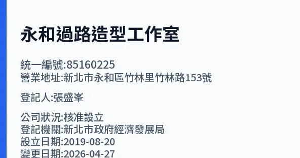 永和過路造型工作室的照片-統編 85160225(新北市) 公司登記資料與營業項目詳細圖表