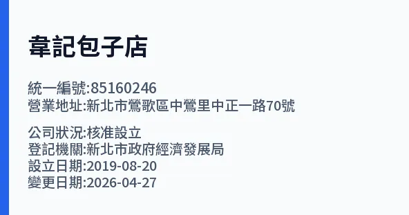韋記包子店的照片-統編 85160246(新北市) 公司登記資料與營業項目詳細圖表