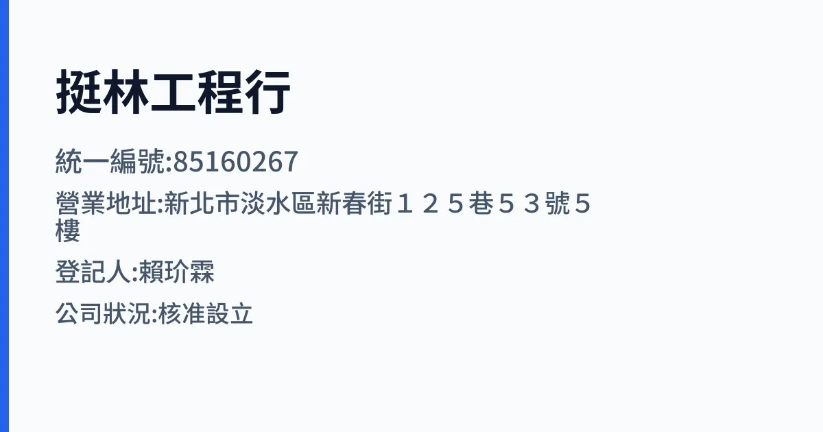 挺林工程行 - 統編 85160267(新北市) 公司登記資料與營業項目詳細圖表