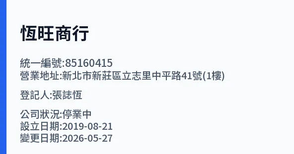 恆旺商行的照片-統編 85160415(新北市) 公司登記資料與營業項目詳細圖表
