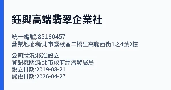 鈺興高端翡翠企業社的照片-統編 85160457(新北市) 公司登記資料與營業項目詳細圖表