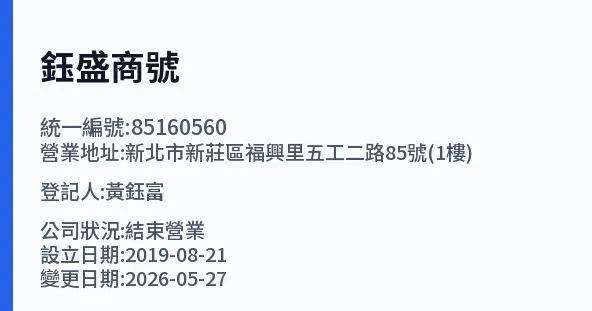 鈺盛商號的照片-統編 85160560(新北市) 公司登記資料與營業項目詳細圖表