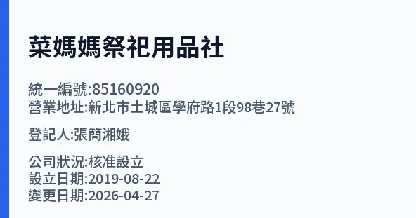 菜媽媽祭祀用品社的照片-統編 85160920(新北市) 公司登記資料與營業項目詳細圖表