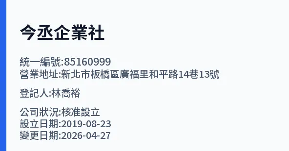 今丞企業社的照片-統編 85160999(新北市) 公司登記資料與營業項目詳細圖表