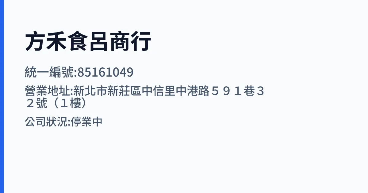 方禾食呂商行 - 統編 85161049(新北市) 公司登記資料與營業項目詳細圖表