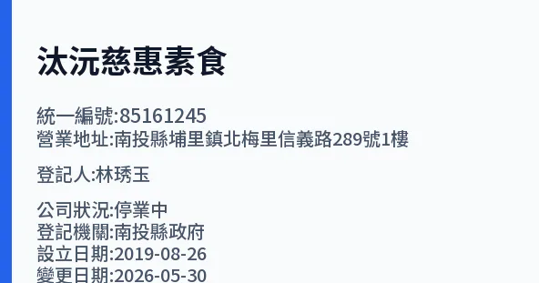 汰沅慈惠素食的照片-統編 85161245(南投縣) 公司登記資料與營業項目詳細圖表