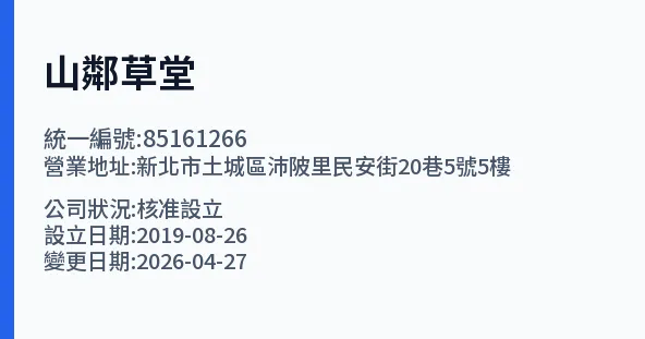 山鄰草堂的照片-統編 85161266(新北市) 公司登記資料與營業項目詳細圖表