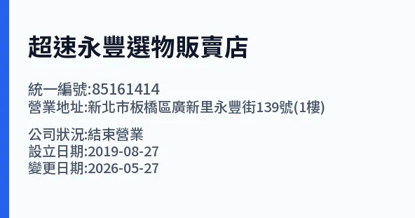 超速永豐選物販賣店的照片-統編 85161414(新北市) 公司登記資料與營業項目詳細圖表