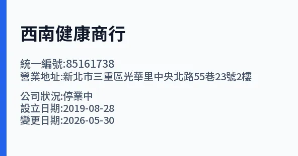 西南健康商行的照片-統編 85161738(新北市) 公司登記資料與營業項目詳細圖表