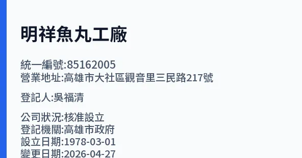 明祥魚丸工廠的照片-統編 85162005(高雄市) 公司登記資料與營業項目詳細圖表
