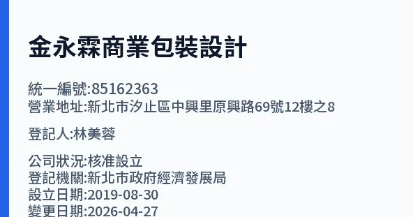 金永霖商業包裝設計的照片-統編 85162363(新北市) 公司登記資料與營業項目詳細圖表