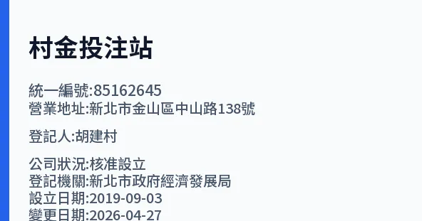 村金投注站的照片-統編 85162645(新北市) 公司登記資料與營業項目詳細圖表