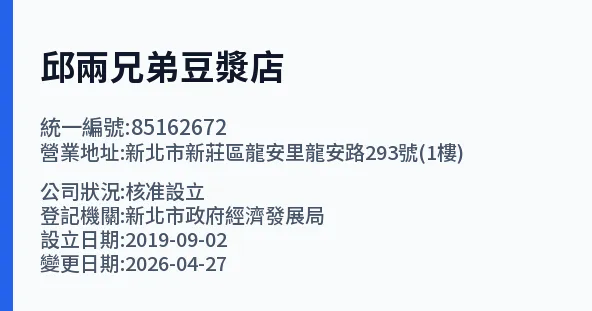 邱兩兄弟豆漿店的照片-統編 85162672(新北市) 公司登記資料與營業項目詳細圖表
