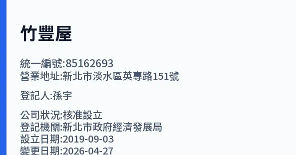 竹豐屋的照片-統編 85162693(新北市) 公司登記資料與營業項目詳細圖表