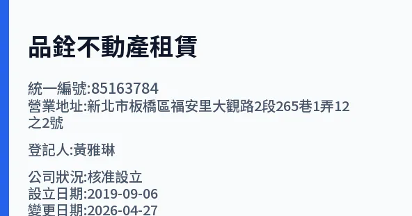 品銓不動產租賃的照片-統編 85163784(新北市) 公司登記資料與營業項目詳細圖表