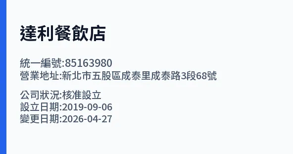達利餐飲店的照片-統編 85163980(新北市) 公司登記資料與營業項目詳細圖表