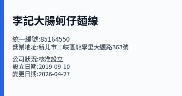 李記大腸蚵仔麵線的照片-統編 85164550(新北市) 公司登記資料與營業項目詳細圖表