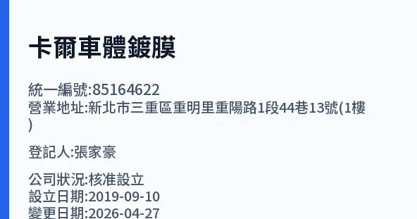 卡爾車體鍍膜的照片-統編 85164622(新北市) 公司登記資料與營業項目詳細圖表