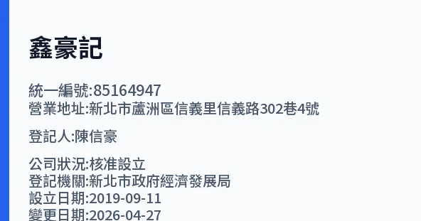 鑫豪記的照片-統編 85164947(新北市) 公司登記資料與營業項目詳細圖表