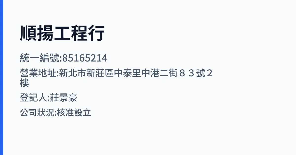 順揚工程行 - 統編 85165214(新北市) 公司登記資料與營業項目詳細圖表