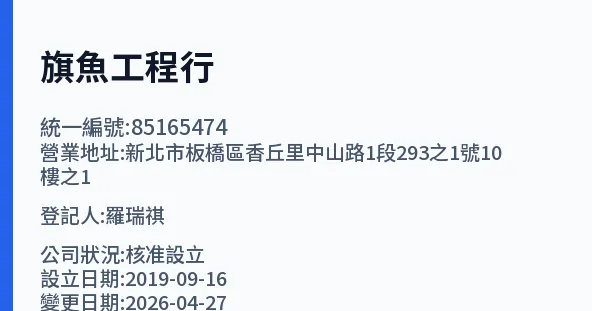 旗魚工程行的照片-統編 85165474(新北市) 公司登記資料與營業項目詳細圖表