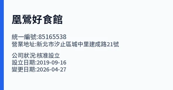 凰鶯好食館的照片-統編 85165538(新北市) 公司登記資料與營業項目詳細圖表