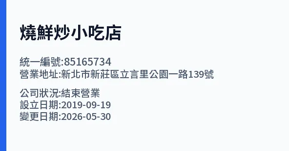 燒鮮炒小吃店的照片-統編 85165734(新北市) 公司登記資料與營業項目詳細圖表