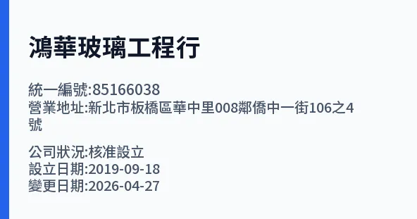 鴻華玻璃工程行的照片-統編 85166038(新北市) 公司登記資料與營業項目詳細圖表