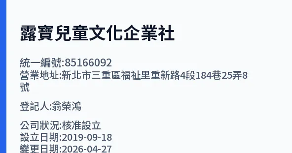 露寶兒童文化企業社的照片-統編 85166092(新北市) 公司登記資料與營業項目詳細圖表