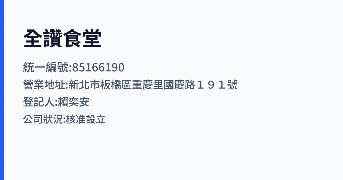 全讚食堂 - 統編 85166190(新北市) 公司登記資料與營業項目詳細圖表