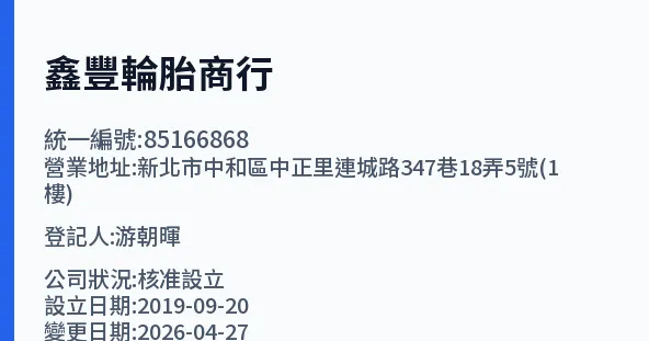 鑫豐輪胎商行的照片-統編 85166868(新北市) 公司登記資料與營業項目詳細圖表