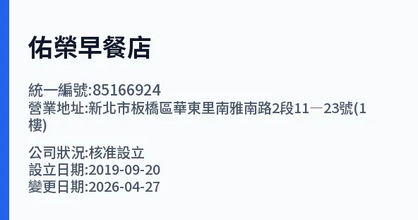 佑榮早餐店的照片-統編 85166924(新北市) 公司登記資料與營業項目詳細圖表