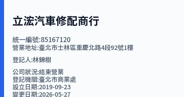 立浤汽車修配商行的照片-統編 85167120(臺北市) 公司登記資料與營業項目詳細圖表