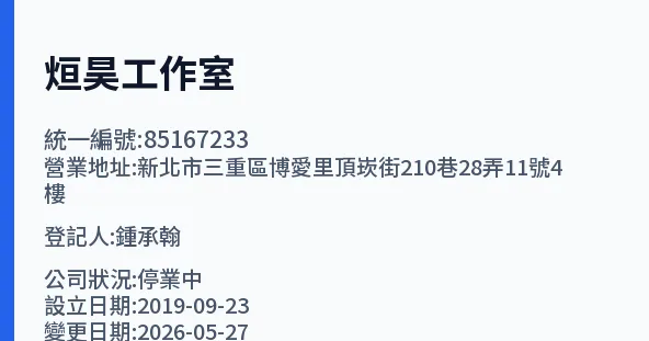 烜昊工作室的照片-統編 85167233(新北市) 公司登記資料與營業項目詳細圖表