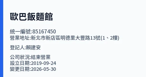 歐巴飯麵館的照片-統編 85167450(新北市) 公司登記資料與營業項目詳細圖表