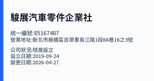 駿展汽車零件企業社的照片-統編 85167487(新北市) 公司登記資料與營業項目詳細圖表