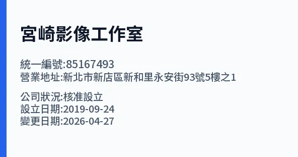 宮崎影像工作室的照片-統編 85167493(新北市) 公司登記資料與營業項目詳細圖表