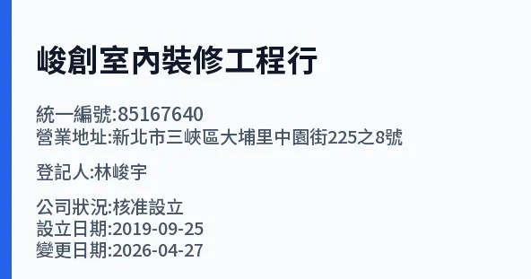 峻創室內裝修工程行的照片-統編 85167640(新北市) 公司登記資料與營業項目詳細圖表