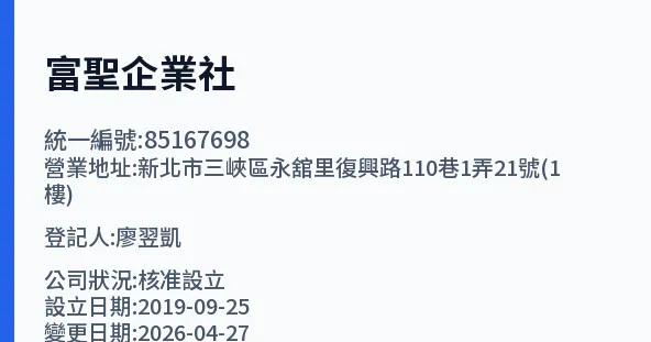 富聖企業社的照片-統編 85167698(新北市) 公司登記資料與營業項目詳細圖表