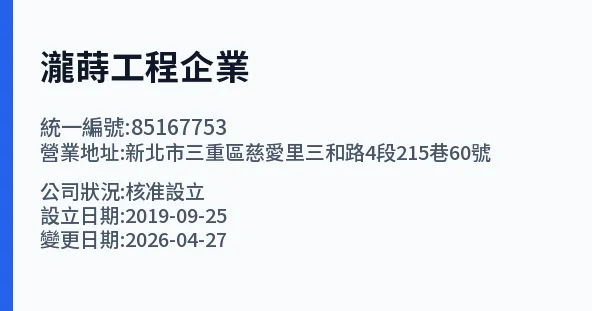 瀧蒔工程企業的照片-統編 85167753(新北市) 公司登記資料與營業項目詳細圖表