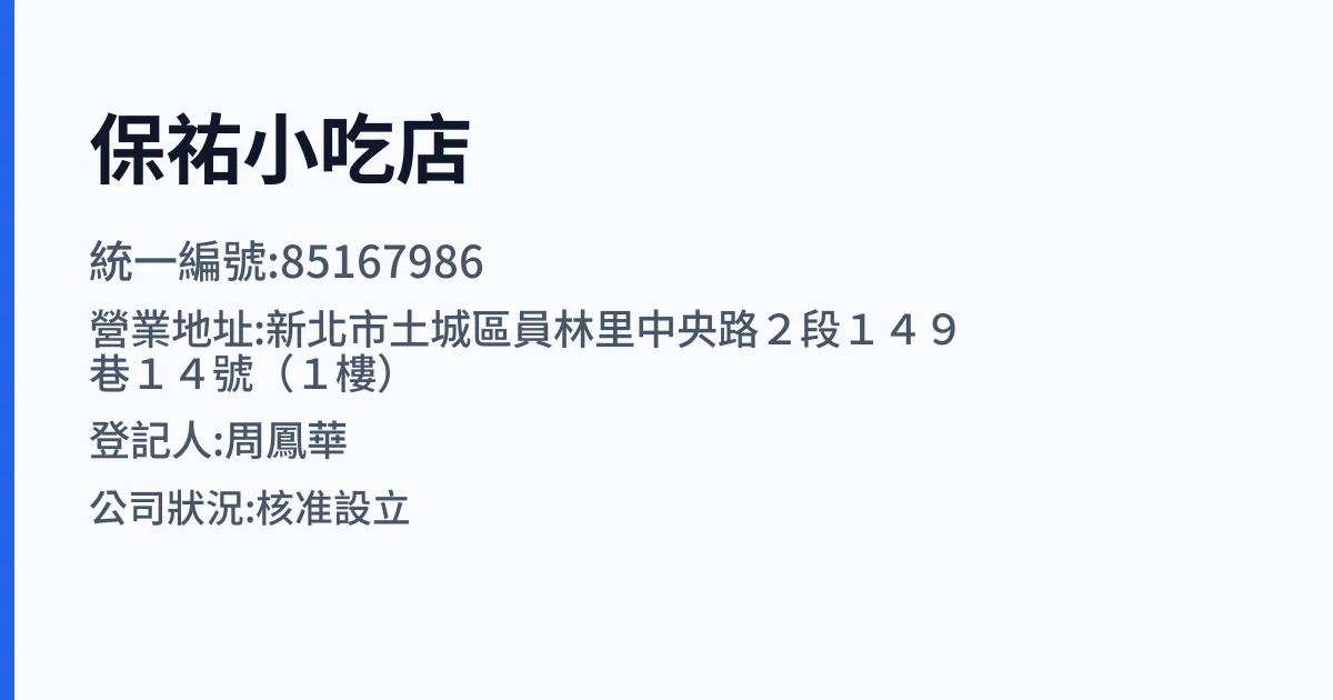 保祐小吃店 - 統編 85167986(新北市) 公司登記資料與營業項目詳細圖表