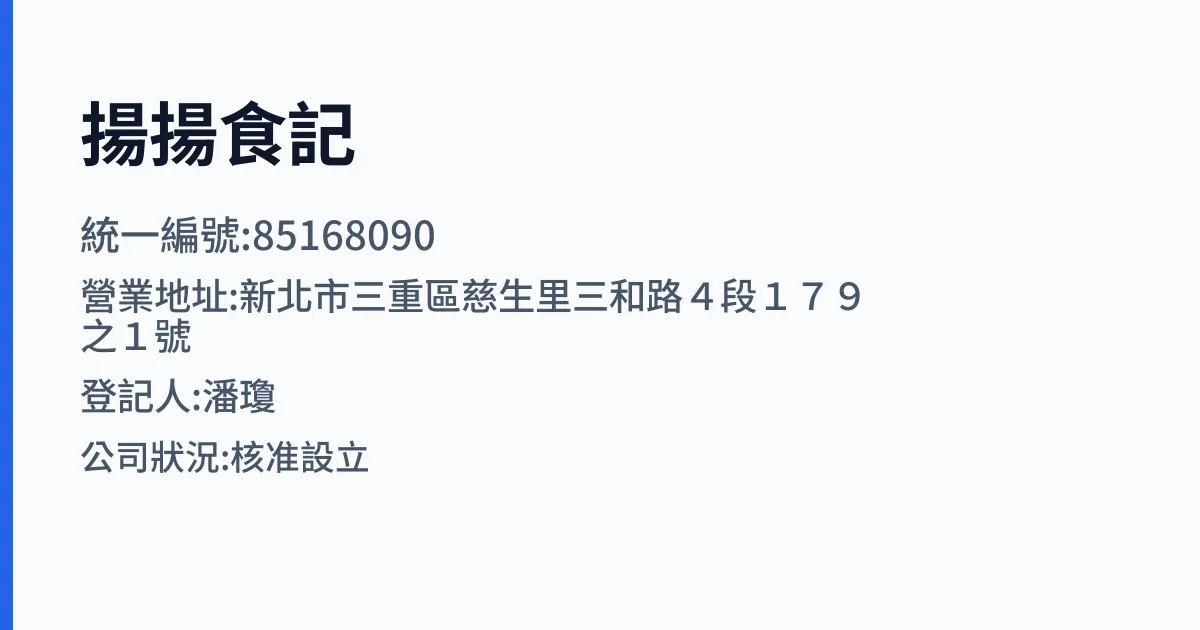 揚揚食記 - 統編 85168090(新北市) 公司登記資料與營業項目詳細圖表