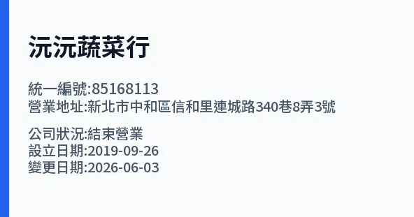 沅沅蔬菜行的照片-統編 85168113(新北市) 公司登記資料與營業項目詳細圖表
