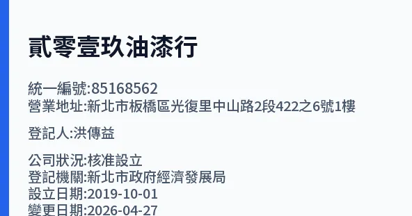 貳零壹玖油漆行的照片-統編 85168562(新北市) 公司登記資料與營業項目詳細圖表