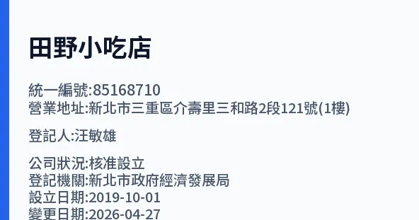 田野小吃店的照片-統編 85168710(新北市) 公司登記資料與營業項目詳細圖表
