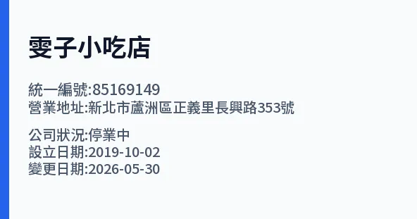 雯子小吃店的照片-統編 85169149(新北市) 公司登記資料與營業項目詳細圖表