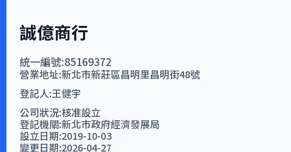 誠億商行的照片-統編 85169372(新北市) 公司登記資料與營業項目詳細圖表