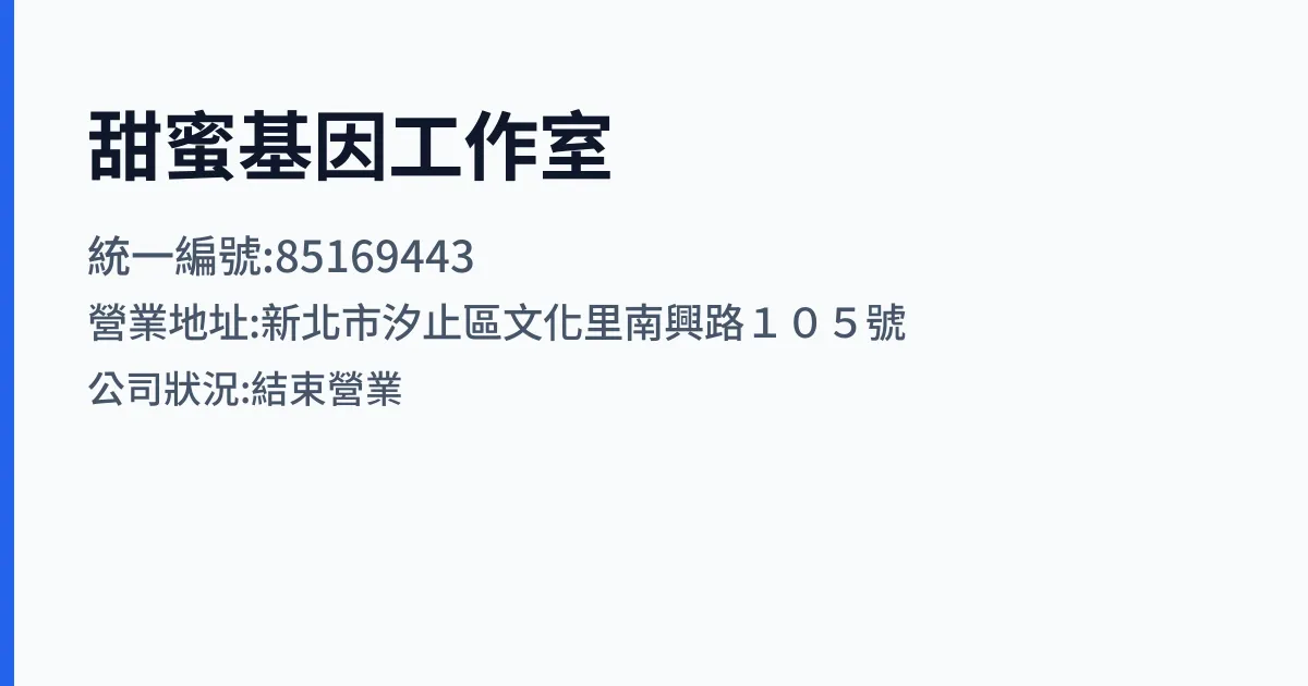 甜蜜基因工作室 - 統編 85169443(新北市) 公司登記資料與營業項目詳細圖表