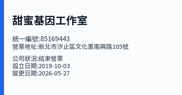 甜蜜基因工作室的照片-統編 85169443(新北市) 公司登記資料與營業項目詳細圖表