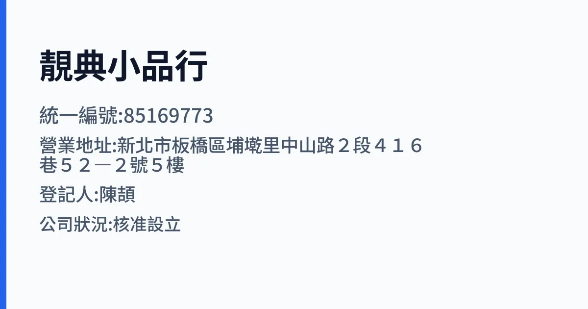 靚典小品行 - 統編 85169773(新北市) 公司登記資料與營業項目詳細圖表